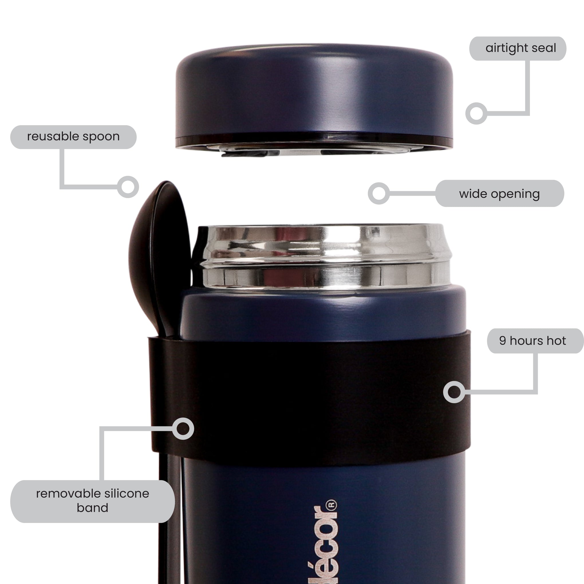 Insulated Double Wall Food Flask with spoon, Navy, 520ml | Décor UK ...